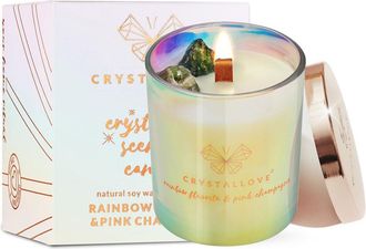 Crystallove Duftkerze im Glas - Nat&uuml;rliche Soja-Kerze mit Regenbogenfluorit und rosa Champagner - Candle - Geschenk Kerze - 220g - lang anhaltende Kerze f&uuml;r Zuhau