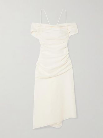 Liberowe Accordion Schulterfreies Midikleid Aus Einer Gerippten Baumwoll-seidenmischung - Weiß