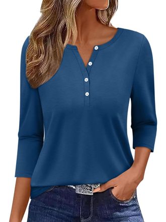 Onsoyours Shirt Damen 3/4 Arm Tshirt V-Ausschnitt Knopfleiste Pullover Sommer Herbst Oberteile Einfarbig Tops Basic Shirt A Dunkelblau XL