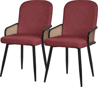 ML Design ML-Design Esszimmerstühle 2er Set Rot mit Stoffbezug, Küchenstuhl mit Rattan Optik-Armlehnen, Gepolsterte Stühle mit Metallbeinen, Sessel ergonomisch,