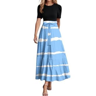 Generic Robe d&eacute;t&eacute; pour femme - Imprim&eacute; floral - Manches courtes - Robe maxi patchwork &agrave; volants - Robe trap&egrave;ze, bleu clair, XXL