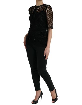 Dolce & Gabbana Womens Black Floral Lace Short Sleeves Blouse Top Cotton Silk