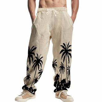Generic Pantalon de loisirs d&eacute;t&eacute; l&eacute;ger pour homme - Pantalon en lin imprim&eacute; hawa&iuml;en - Pantalon d&eacute;t&eacute; avec taille &eacute;lastique - Pantalon de plage respirant - Pant