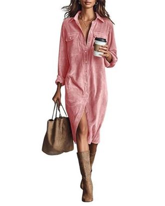 Generic Robe chemise midi boutonnée en velours côtelé pour femme, robe midi décontractée à manches longues, robe midi à col en V, rose, XXL