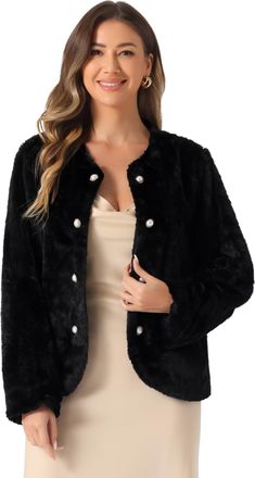 Allegra K Damen 2024 Winter Hochzeit Kunstpelz Jacke Langarm Taschen Fell Cropped Bolero Oberbekleidung Schwarz XS