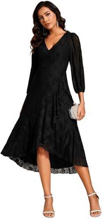 Ever-pretty Robe Ceremonie Femme Dentelle High Low Col V Manches Longues Midi Soirée Noir 56