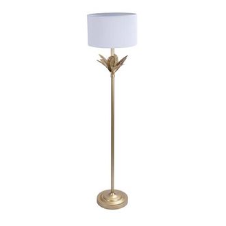 Relaxdays Stehlampe, Palmenblatt-Sockel, Stoffschirm, E27-Fassung, Wohnzimmer, Schlafzimmer, Standlampe, wei&szlig;/Gold