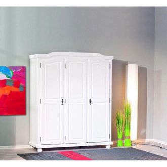 Dmora Dmora Kleiderschrank mit drei Flügeltüren mit Innenregalen aus massivem Kiefernholz, Farbe weiß, 150 x 180 x 56 cm