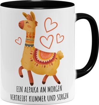 OM3 lustige Kaffee-Tasse mit Spruch - ein Alpaka am Morgen vertreibt Kummer und Sorgen - Statement - Spruchtasse - Keramik Becher - 11oz 325ml - Beidseiti