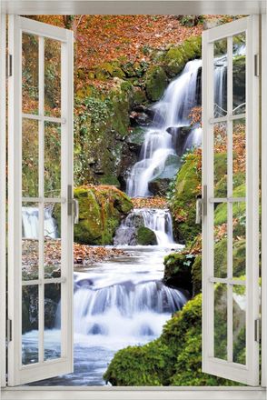 Wallario Poster - Bach im Wald in Premiumqualität, Größe: 61 x 91,5 cm mit Fenster-Illusion (Maxiposter)