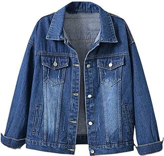 Lazutom Veste en jean basique boutonnée à manches longues pour femme, bleu foncé, 46