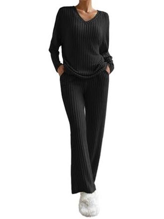 SHEKINI Ensemble de v&ecirc;tements de sport d&eacute;contract&eacute;s pour femme - Col en V - Confortable - Tenue dint&eacute;rieur longue et d&eacute;contract&eacute;e, Noir, S