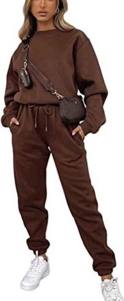 Onsoyours Survêtement Femme Ensemble de Sport 2 Pièce Sweatshirt + Pantalon avec Poches Casual Pyjama dintérieur Tenue pour Jogging Yoga Sportswear A Café XXL