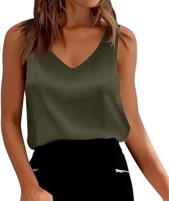 Generic D&eacute;bardeurs en satin pour femme avec col en V et sans manches - Camisole d&eacute;t&eacute; basique - Haut de travail, Vert kaki., XL