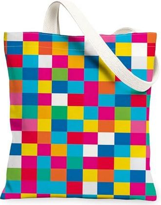 Generic Sacs fourre-tout multicolores en toile g&eacute;om&eacute;trique, motifs carr&eacute;s &eacute;l&eacute;gants, sacs d&eacute;picerie r&eacute;utilisables, sacs d&eacute;t&eacute; l&eacute;gers et lavables en toile Fo, mu