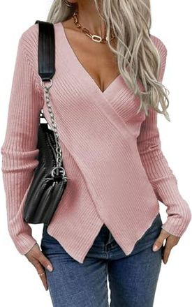 Generic Pulls Confortables pour Femmes, Pulls Courts en Tricot &agrave; Manches Longues et col en V avec noeud torsad&eacute;