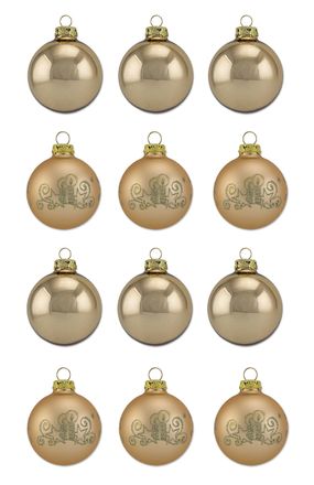 Th&uuml;ringer Glasdesign A012-0808-1340 - 12 teiliges Glaskugel Sortiment in Gold, Uni glanz und Deko matt mit Dekor Kerze