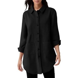 Generic Chemises en lin pour femme - Haut long boutonn&eacute; - Grande taille - Chemisier avec poches - Chemise de nuit grande taille pour femme, Noir, 3XL