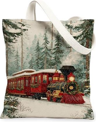 Generic Sacs fourre-tout en toile vintage de No&euml;l, vacances rustiques, sc&egrave;ne de neige, sacs r&eacute;utilisables, l&eacute;gers et lavables, Rouge, 13x15 Inch