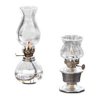 Loberon &Ouml;llampe 2er Set Crouy, Zwei Designs und Zwei Gr&ouml;&szlig;en, kunstvoll und detailreich gearbeitete Halterungen, Vintage-Design, Glas, Messing, klar/Silber