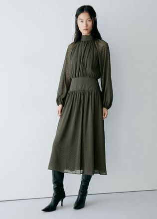 Mango Robe &agrave; pois avec panneau fronc&eacute; kaki - Femme - XS - MANGO