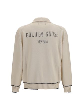 Golden Goose Mens Rindley Polo With Logo Print Heritage White Cotton; Polyester Knitwear Sweater