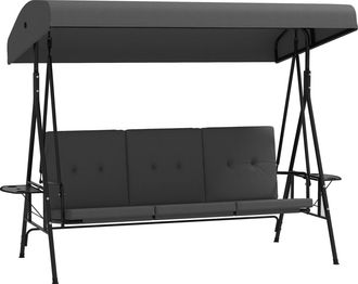 OUTSUNNY Gartenschaukel 3 Sitzpl&auml;tze hoher Komfort verstellbare Dachneigung, 2 Seitenablagen, Kissen, Polyesterstahl dunkelgrau