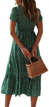 Generic Robe midi élégante et élégante à manches courtes style bohème à pois - Grande taille - Col carré à volants - Robe dété fluide pour la plage, Vert, XL