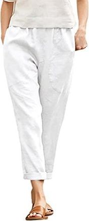 ORANDESIGNE Femme Pantalon Été Coton Lin Harem Pantalon Solide Léger Cordon Élastique Solide Couleur Pantacourt Sport Pants 7/8 Longueur Pants 02 Blanc XL