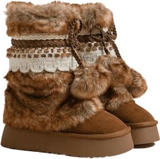Generic JJDFW Bottes de ski mi-mollet &agrave; lacets en fausse fourrure pour femme, marron, 37 1/3 EU