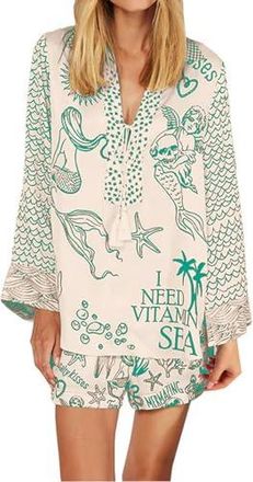 Generic Ensemble de 2 pi&egrave;ces pour femme - Cache-maillot de plage - Ensemble court - Tenue de vacances - Ensemble graphique &agrave; manches longues - Ensemble assort