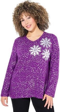 Ulla Popken Femme Grandes Tailles Sweat-Shirt à col en V et Manches Longues, Flocons de Neige Violet foncé 50+ 833674835-50+