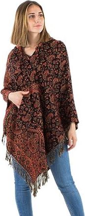 Coline Poncho à Capuche imprimé Cachemire - Couleur : Noir - Taille Unique