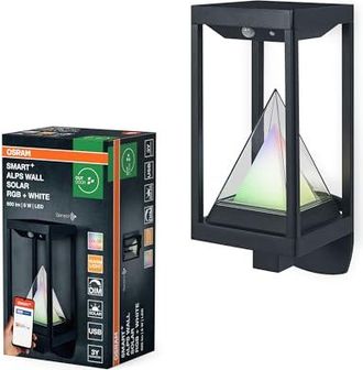 Osram SMART+ Outdoor Bluetooth Solar-Wandleuchte, mit warmweißem (3000K) und Farblicht, ohne Strom nutzbar, bis 2,5 Stunden Brenndauer bei 100% Licht, wiede