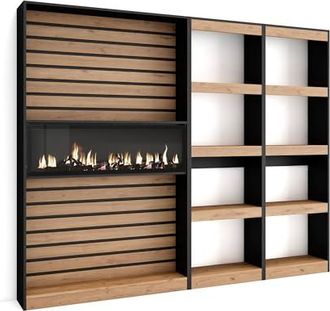Skraut Home | B&uuml;cherregal Bibliothek | Bookshelf, Bookcase | 230x186x25cm | Wohnzimmer, Esszimmer, B&uuml;ro | Elektrokamin | Moderner Stil | Eiche Schwarz