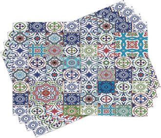 Abakuhaus Boho Platzmatten 8 St&uuml;ck, Bunte traditionelle asiatische Elemente Blumenmotive auf Karierten Quadrate Hintergrund, Waschbare Stoff Esszimmer K&uuml;che Tis