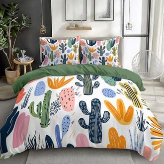 Generic Housses De Couettes 3D Vert Imprimé pour Adultes Et Enfants avec 2 Taies doreiller Microfibre 140 x 200 cm Literie Adolescent Bohème Plantes géométriq