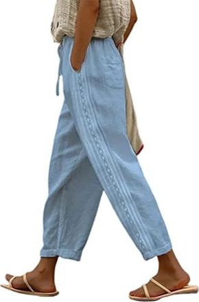 Minetom Pantalon Femme Été Décontracté Pantalon Léger avec Poches Solide Couleur Pantalon À Cordon Élastique C Bleu XXL