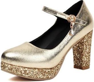 Generic Escarpins Rétro Femme Mary Jane Bout Rond À Plateforme Pailletée Talons Hauts Carrés Bride Cheville avec Breloque Cristal Boucle Chaussures Habillées 
