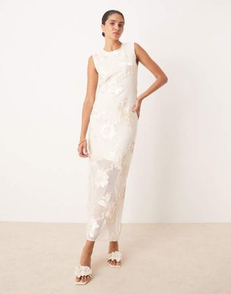 Vero Moda Robe mi-longue à fleurs appliquées et ourlet transparent - Crème-Blanc