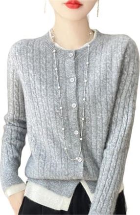 Generic Cardigan en laine m&eacute;rinos bicolore pour femme - Tricot cachemire torsad&eacute; ample, Gris 9 avec blanc, XL