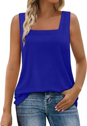 Generic D&eacute;bardeur long d&eacute;contract&eacute; et fluide &agrave; col carr&eacute; uni pour femme - L&eacute;ger et ample - Tenue tendance - Ourlet incurv&eacute; - Sans manches - Pour femme, bleu, 