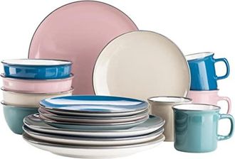 Mäser Maila, Buntes Vintage-Geschirr-Set aus Keramik für 4 Personen, modernes Geschirrset im Retro-Look, Steinzeug, Petrol/Altrosa/Beige/Dunkelblau