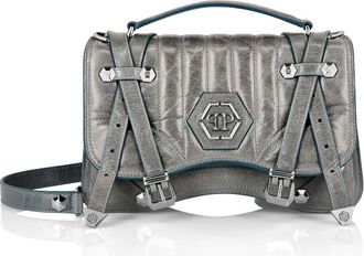 Philipp Plein Femme, Sacs, Bleu, Taille: ONE Size Sac &agrave; poign&eacute;e ceinture en cuir craquel&eacute; brillant Hexagone moyen