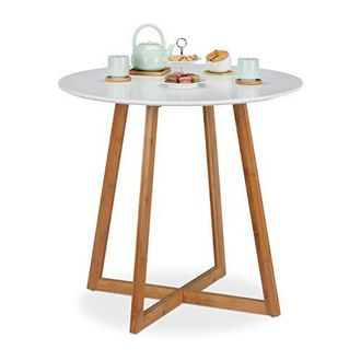 Relaxdays Esstisch rund, skandinavisch, Kreuzbeine, 2 Personen, aus Bambus & MDF, Küchentisch, HxD 75x80 cm, weiß/natur