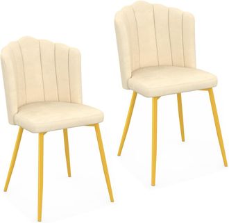 IDMarket Set mit 2 Stühlen Muschel Adella beige aus Samt mit goldenen Füßen