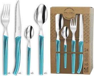 Lou Laguiole RISING SUN Besteck Set 6 Personen | 24-teilig | T&uuml;rkis gl&auml;nzend | Essbesteck 6 Personen sp&uuml;lmaschinenfest | 18/0 Edelstahl mit Mikroverzahnung | 6x Me