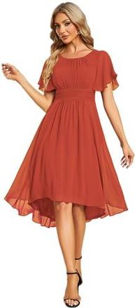 Ever-pretty Robe dInvité de Mariage Femme Longueur Manches Volantées Plissé Mousseline Au Genou Col Rond Robe de Soirée Élégante Orange Caramel 42
