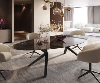 DELIFE Esstisch Edge Oval 280x130 Keramik Emperador Extra Lucidato Dunkelbraun Zenthara kantig Metall Schwarz, Esstische