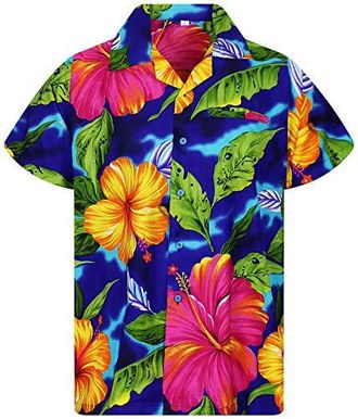 V.H.O. Funky Chemise Hawaienne, Big Flower, Bleu, 3XL